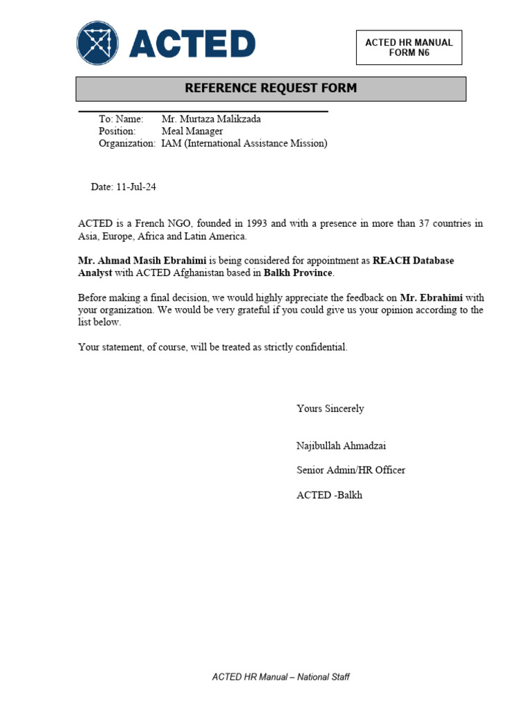 Reference Request Form of Ahmad Masih Ebrahimi | PDF