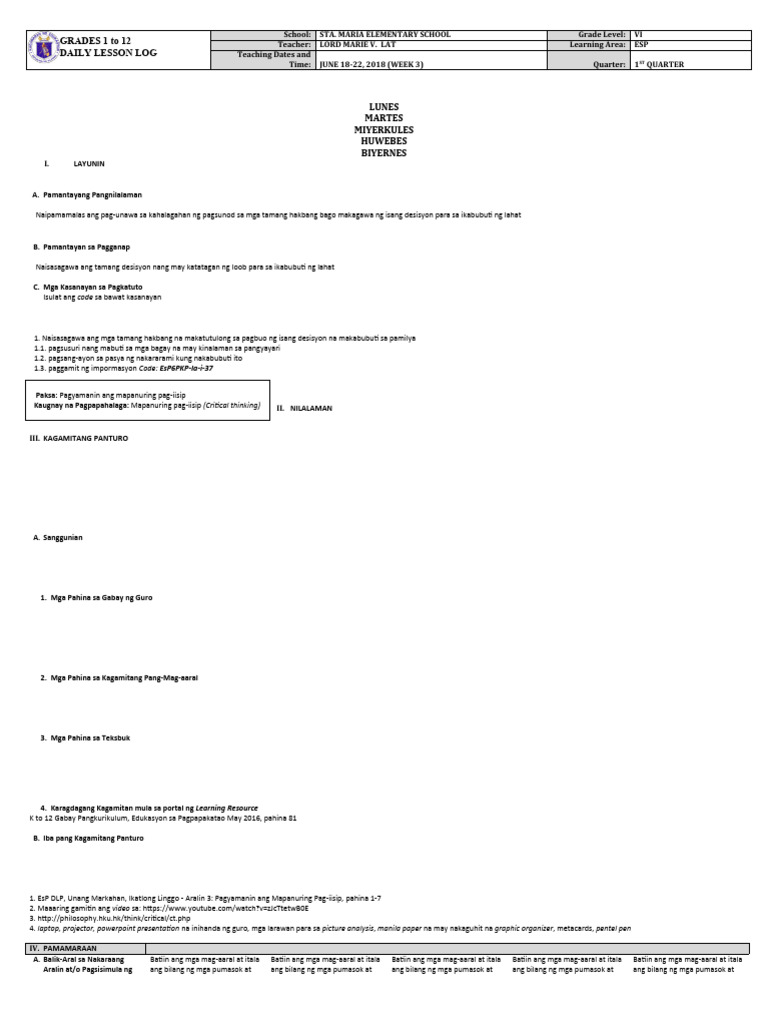 DLL - Esp 6 - Q1 - W3 | PDF