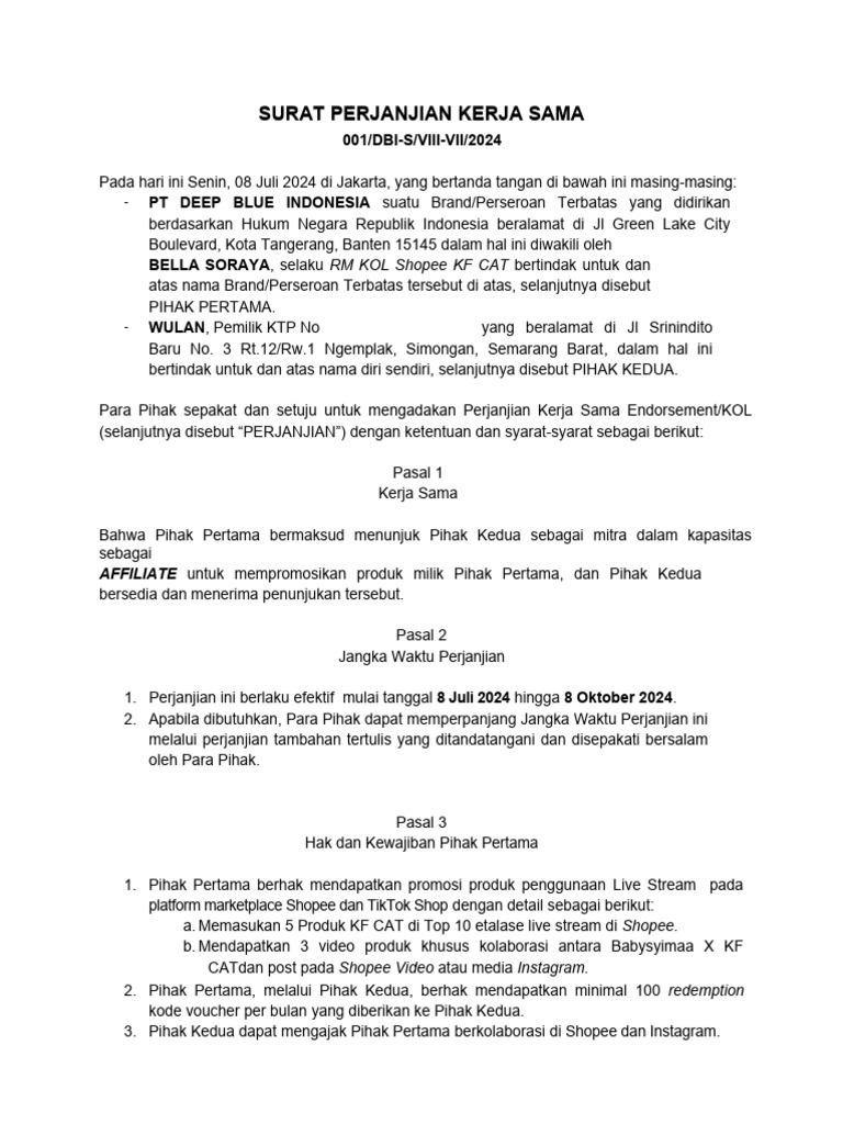 SPK ENDORSEMENT KOL Babysyima Sign | PDF | Bisnis | Hukum