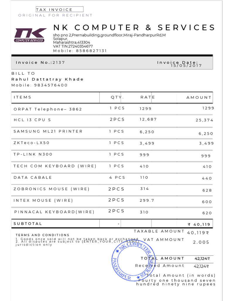 Invoice for Computer Services in Solapur | PDF