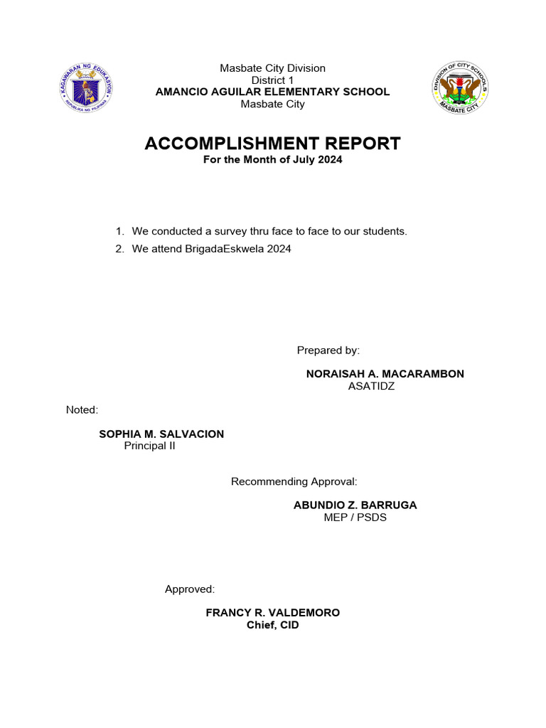 Accomplishment Report Month of July 2024 | PDF