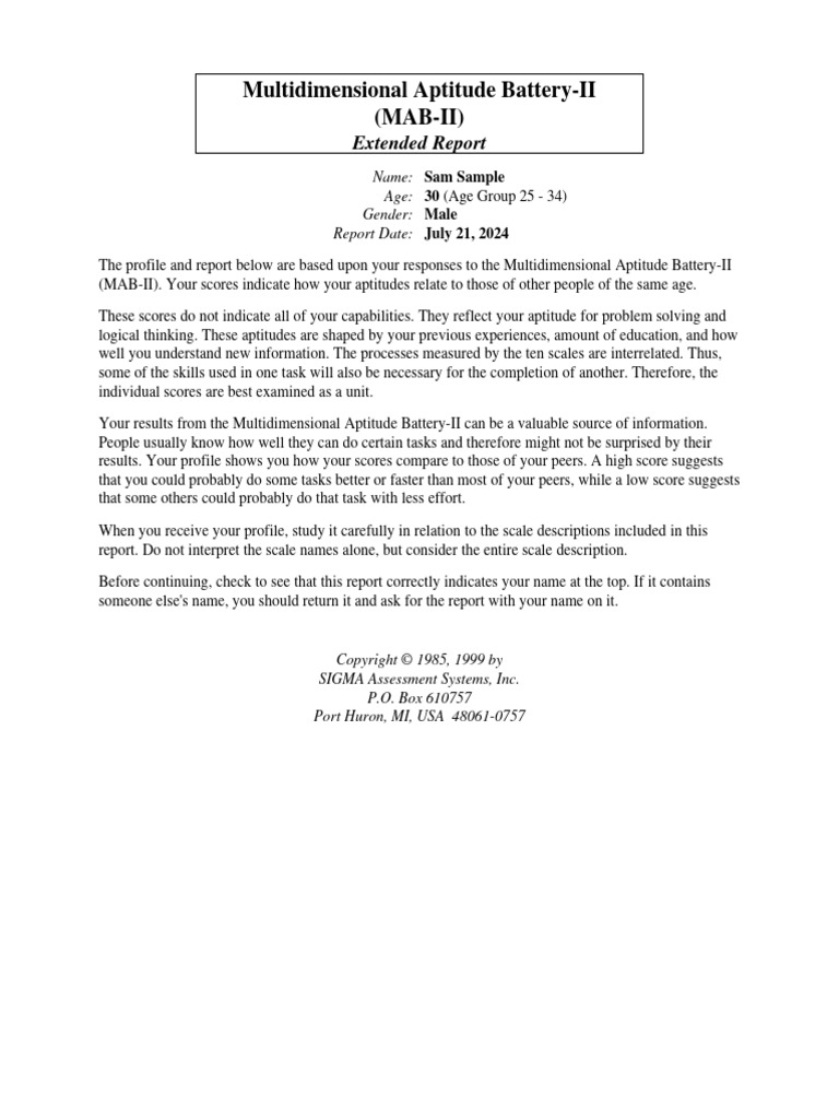 MAB II Extended Sample Report | PDF | Perception | Intelligence Quotient