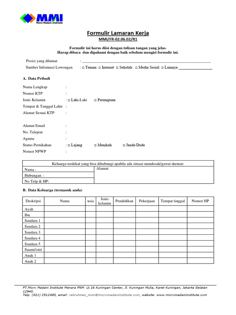 Form Lamaran Kerja MMI | PDF