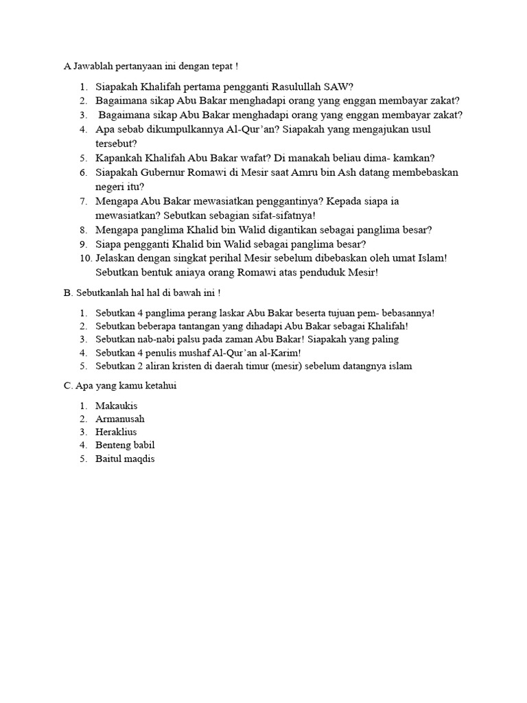 Contoh Soal Ujian Tarikh Islam Kelas 1 Kmi | PDF