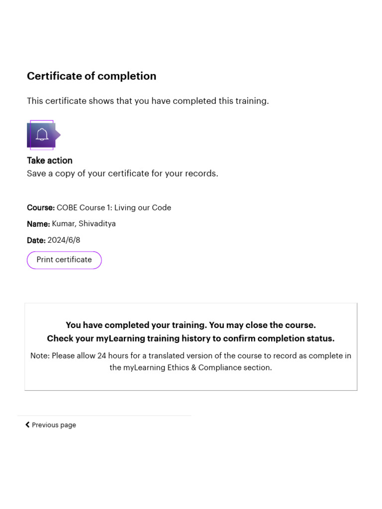 COBE Course Completion Certificate | PDF | Business