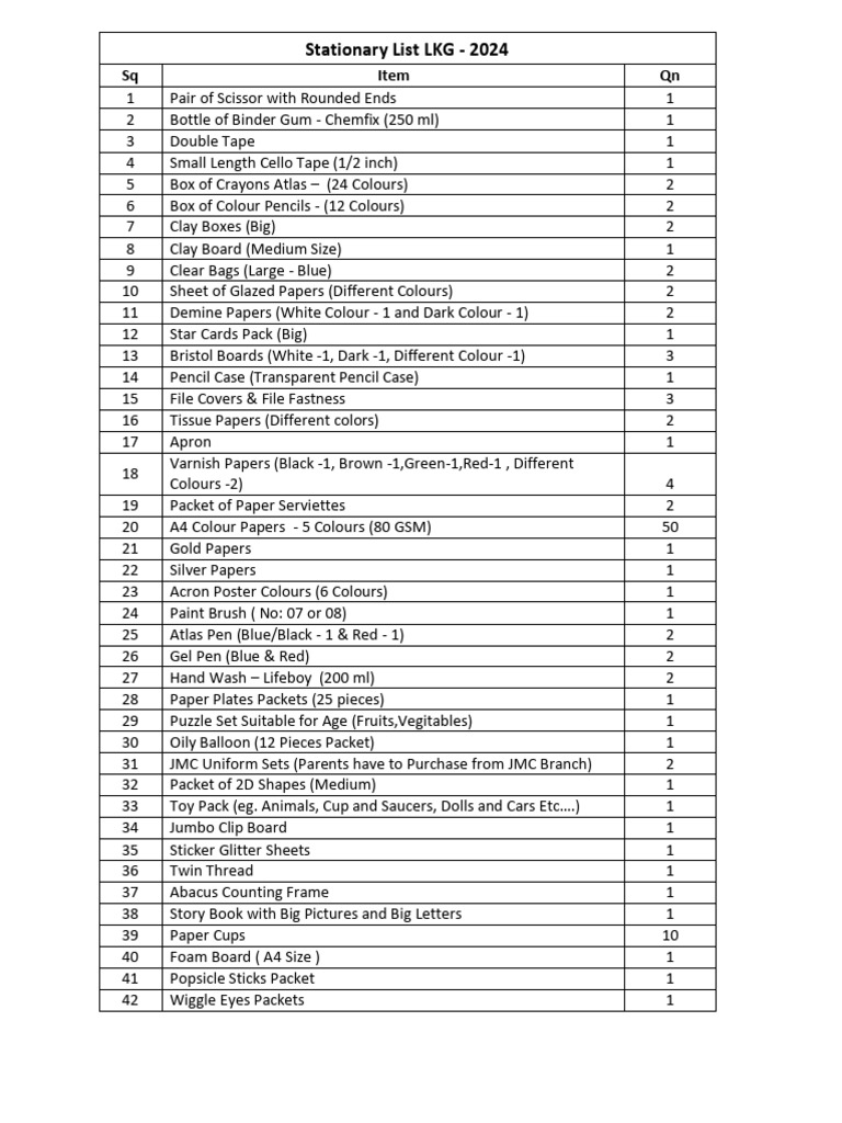 Stationary List LKG 2024 | PDF | Pencil | Paper