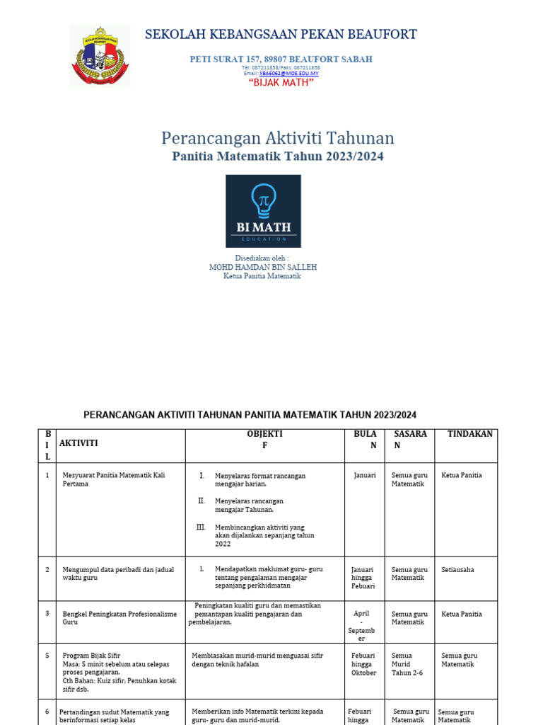 Takwim Dan Perancangan Aktiviti Panitia 2023 | PDF