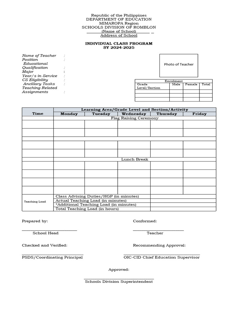 Individual Class Program SY 2024 2025 - Revised | PDF