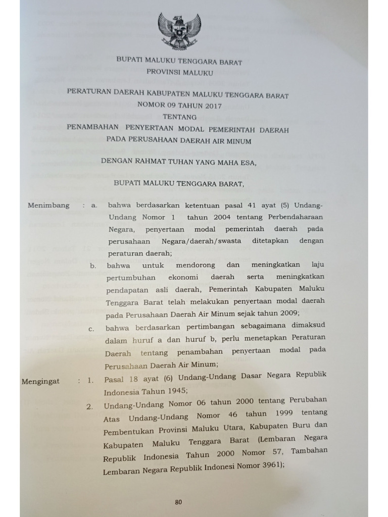 Perda 09 Tahun 2017 Tentang Penambahan Penyertaan Modal Pemerintah Daerah Pada PDAM | PDF