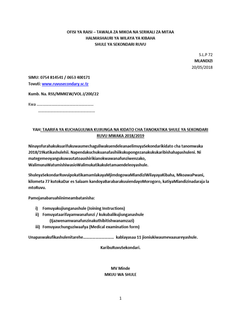 Ruvu Girls Secondary School Joining Info | PDF