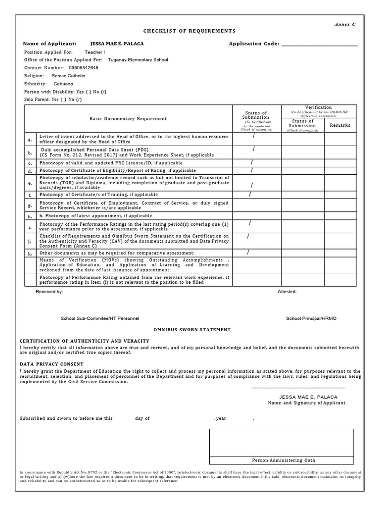 Teacher I Application Requirements Checklist | PDF