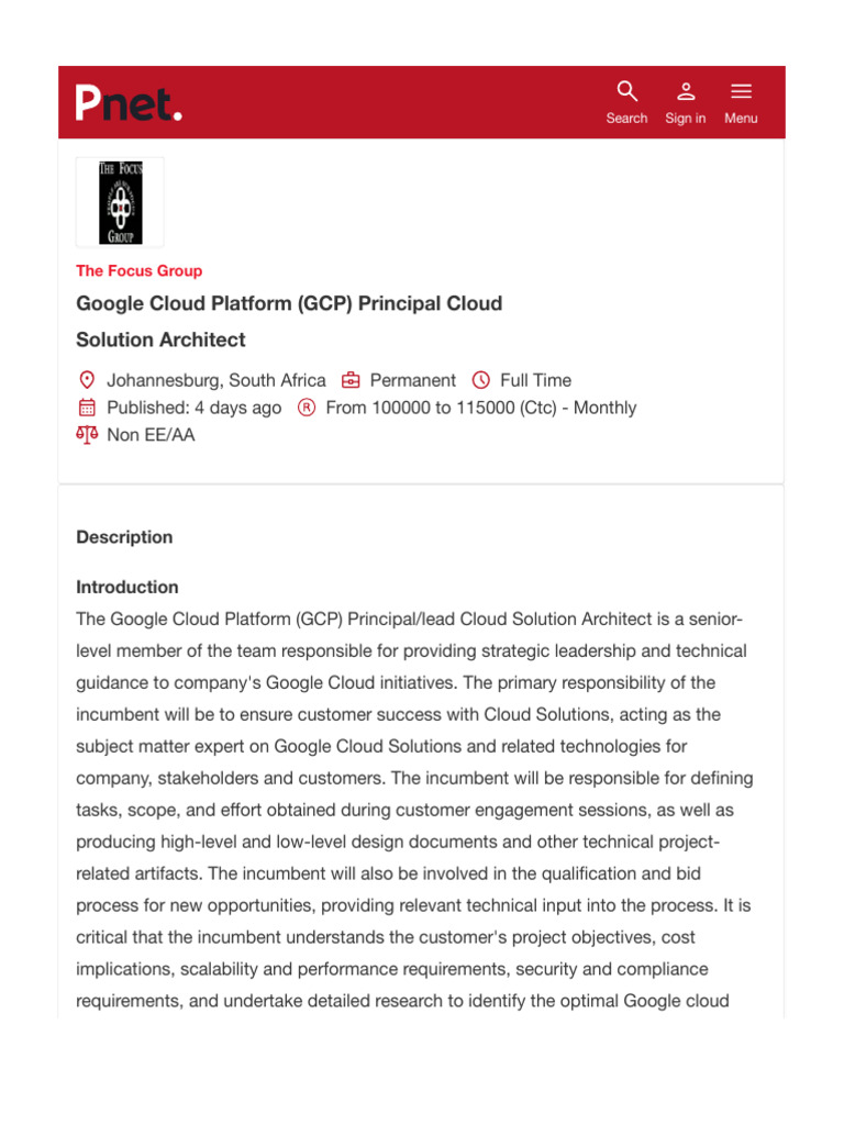 Google Cloud Platform (GCP) Principal Cloud Solution Architect - Job at ...