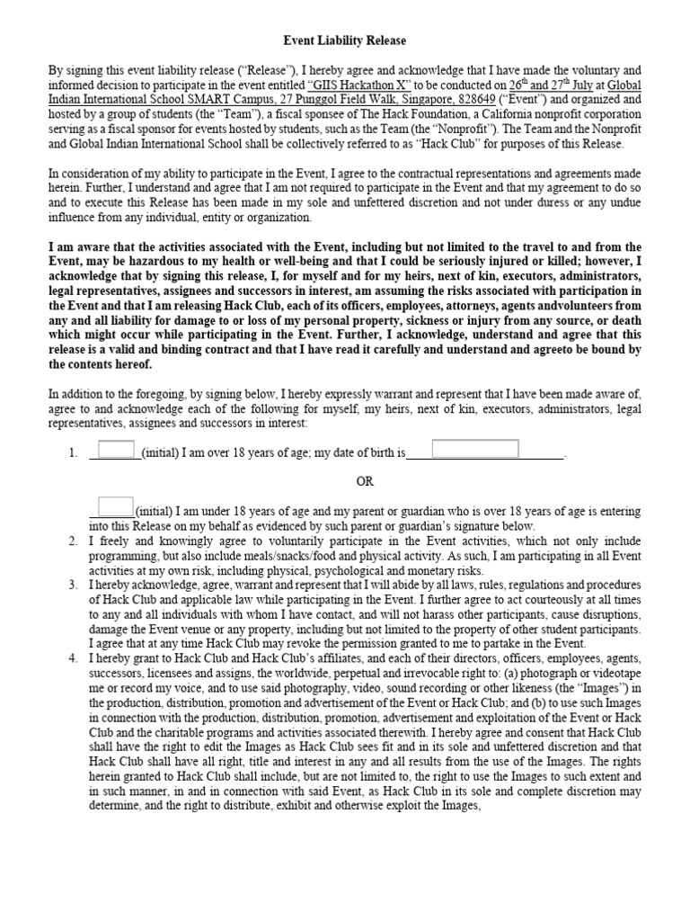 Hack Club Bank Event Liability Release | PDF | Negligence | Legal Liability