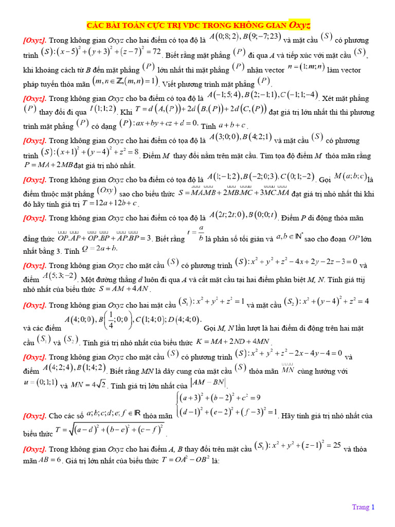 CÁC BÀI TOÁN CỰC TRỊ VDC TRONG KHÔNG GIAN Oxyz | PDF