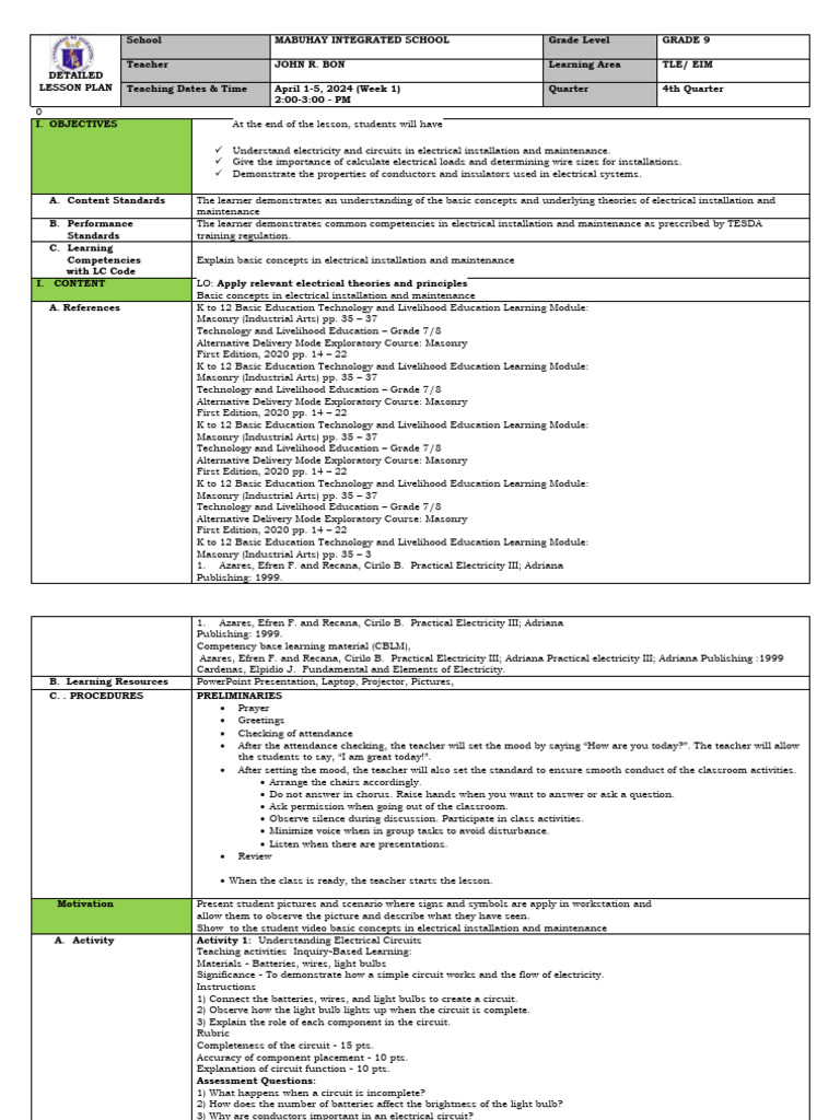 DETAILED LESSON PLAN Tle Eim Grade 9 | PDF | Atoms | Electric Charge