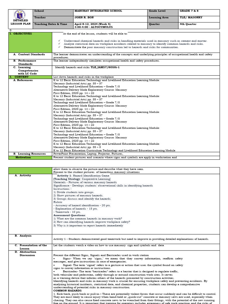 Masonry Safety Lesson Plan for Grades 7-8 | PDF | Occupational Safety ...