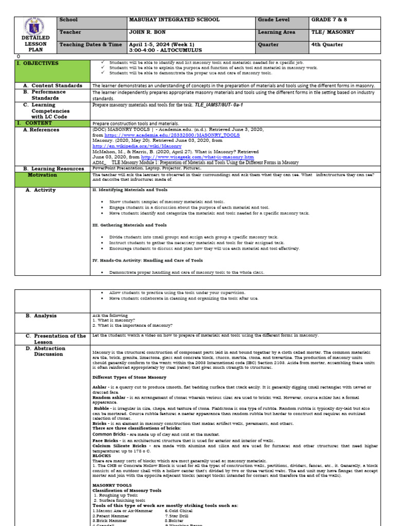 Grade 7-8 Masonry Tools Lesson Plan | PDF | Masonry | Brick