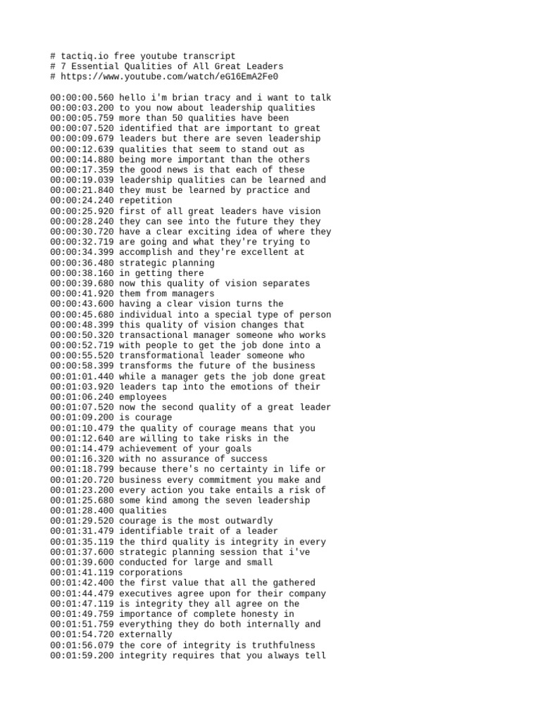 Tactiq Free Transcript eG16EmA2Fe0 | PDF | Leadership | Integrity