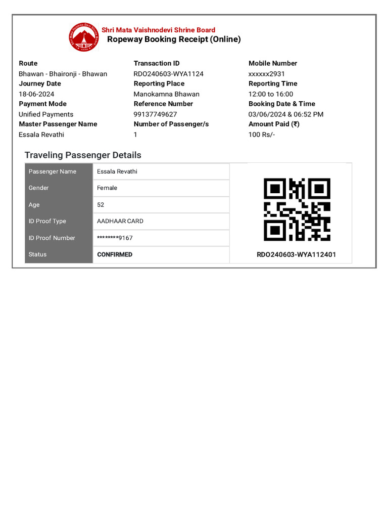 Vaishnodevi Ropeway Booking Receipt | PDF