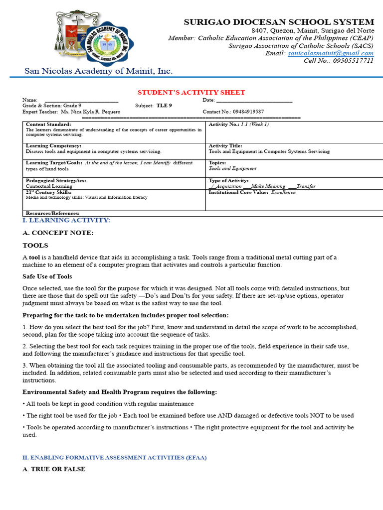 Learning Activities in TLE 9 | PDF | Tools | Learning