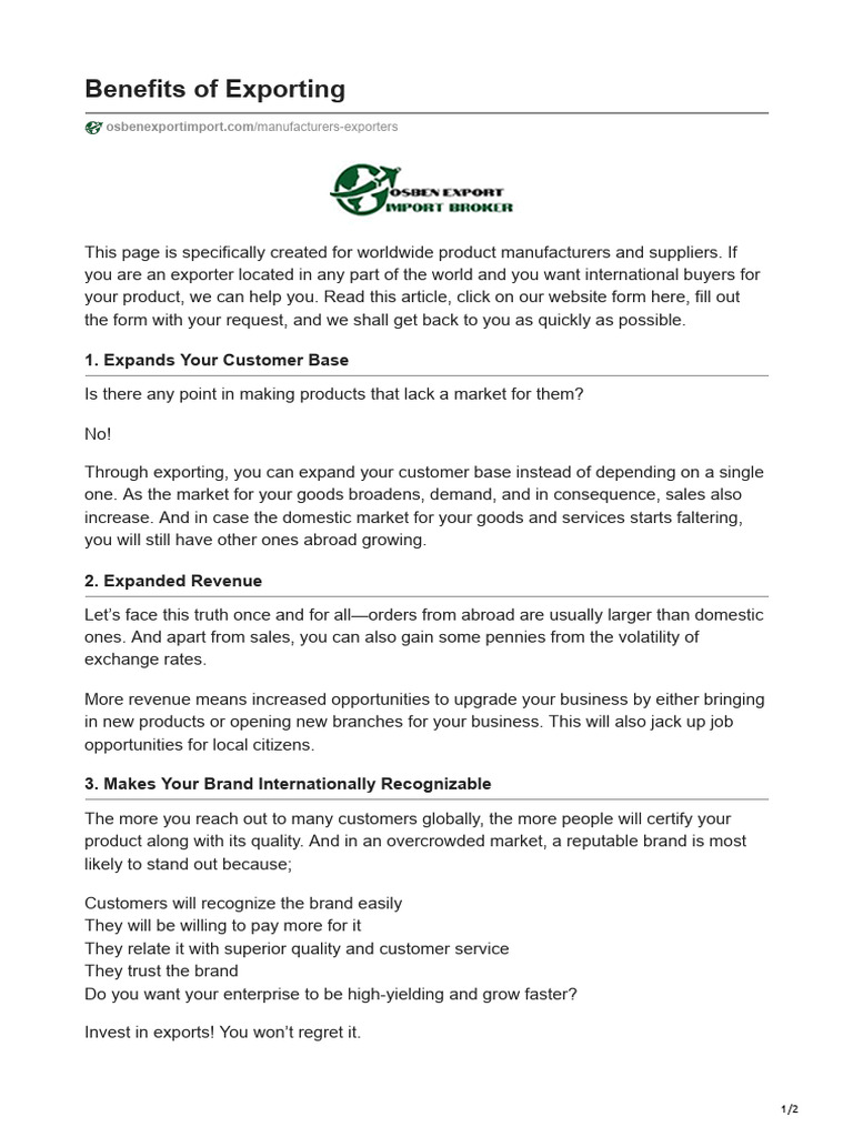 Benefits of Exporting | PDF | Exports | Brand