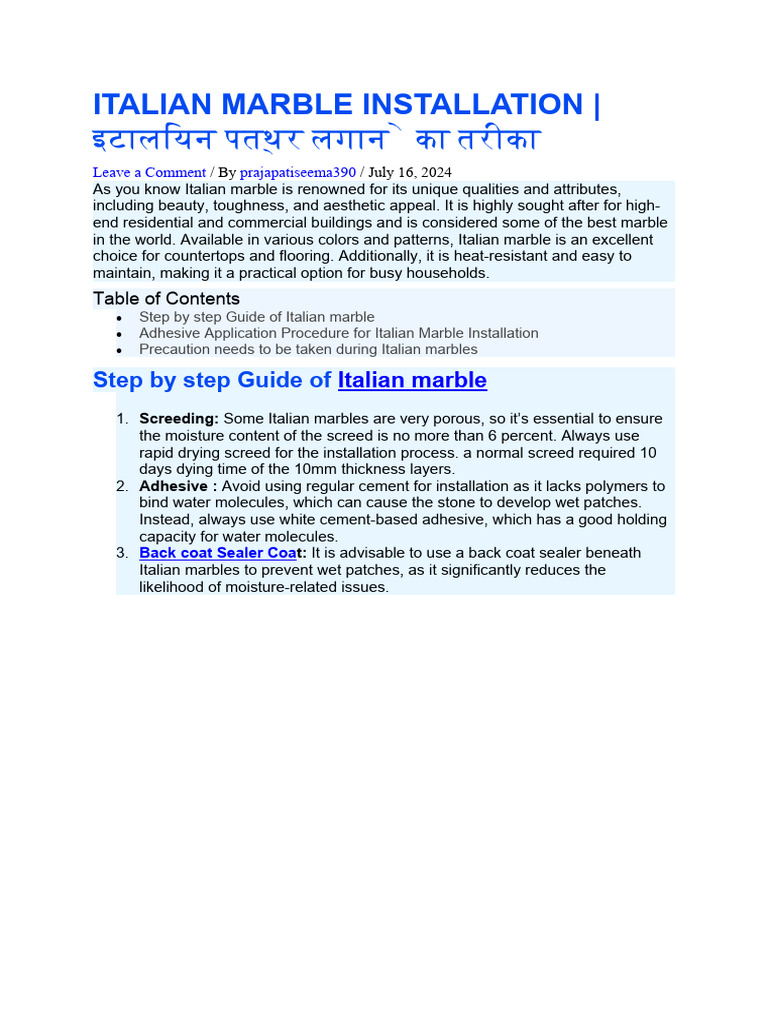 Italian Marble Installation Guide | PDF | Adhesive | Flooring