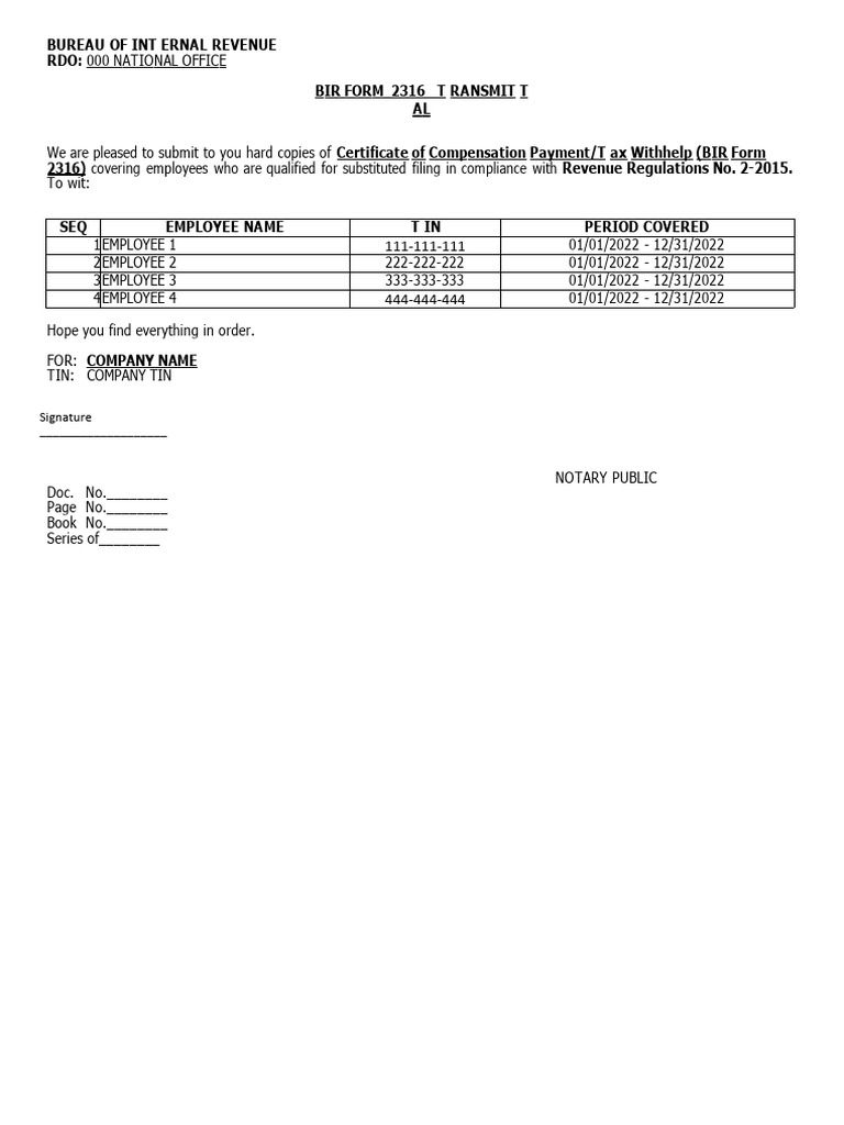 Bir Form 2316 Transmittal Form | PDF