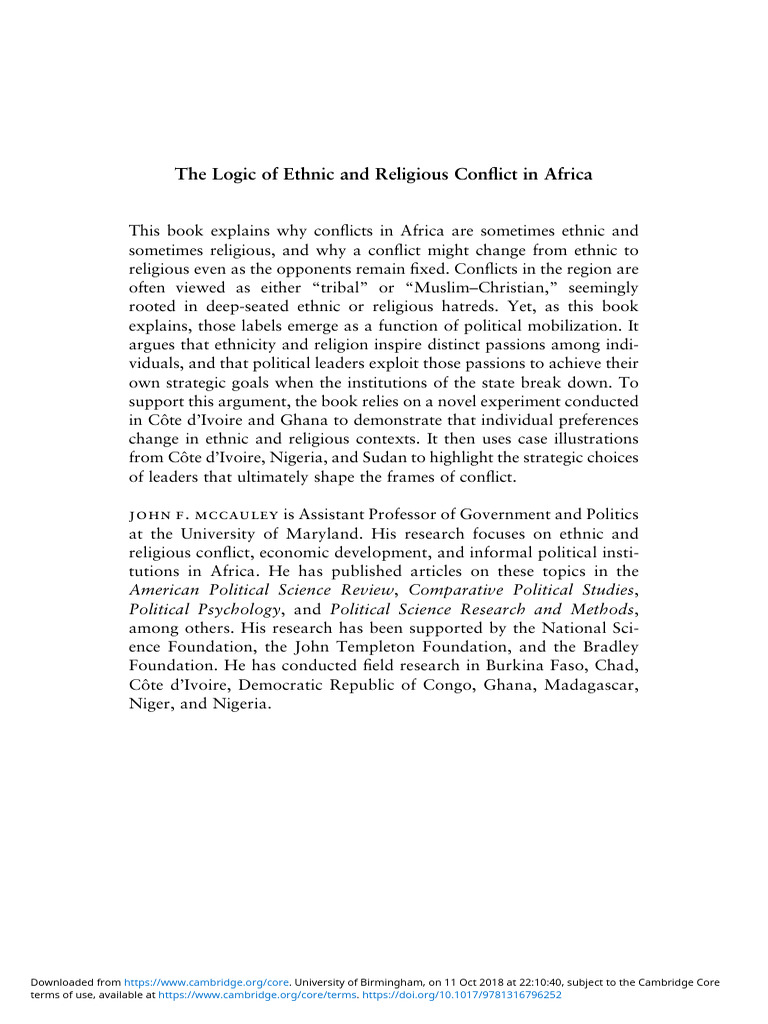 The Logic of Ethnic and Religious Conflict in Africa | PDF | Identity ...