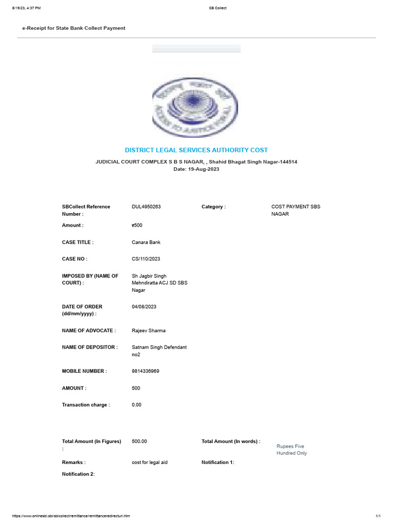 Receipt Legal Aid | PDF | Payments | Money