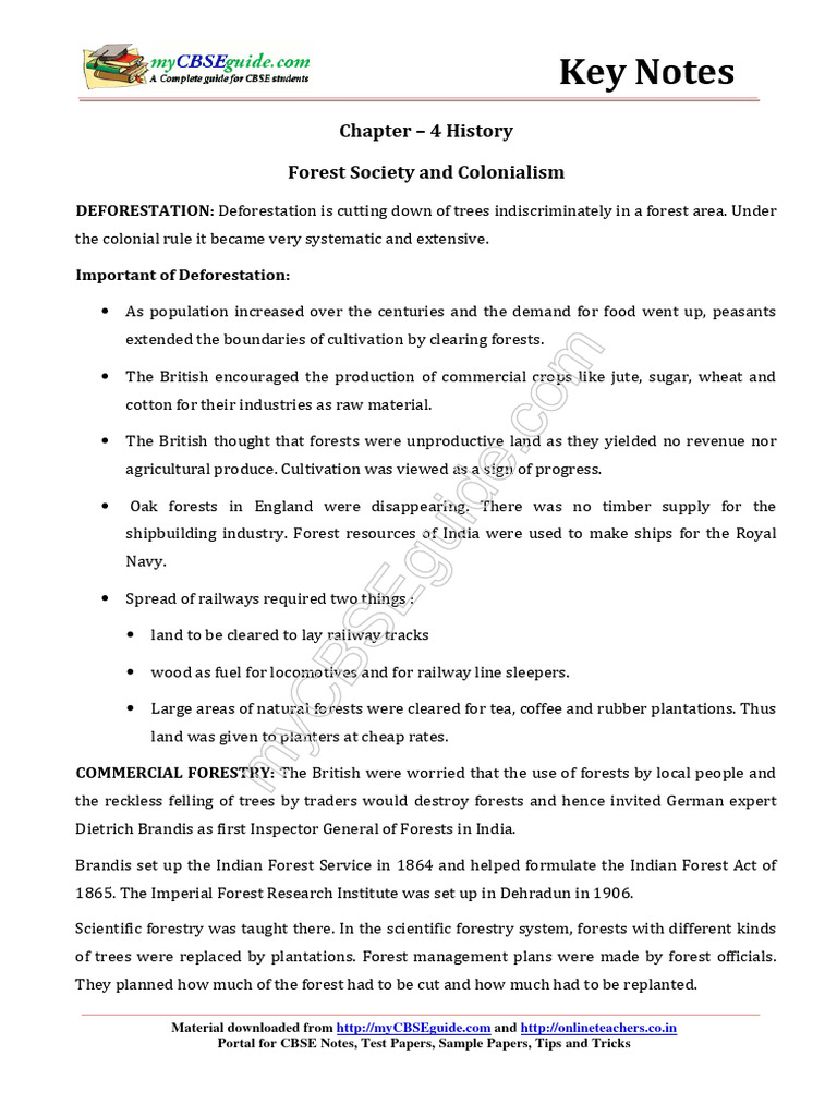 09 Social Science Key Notes History ch4 Forest Society and Colonialism ...