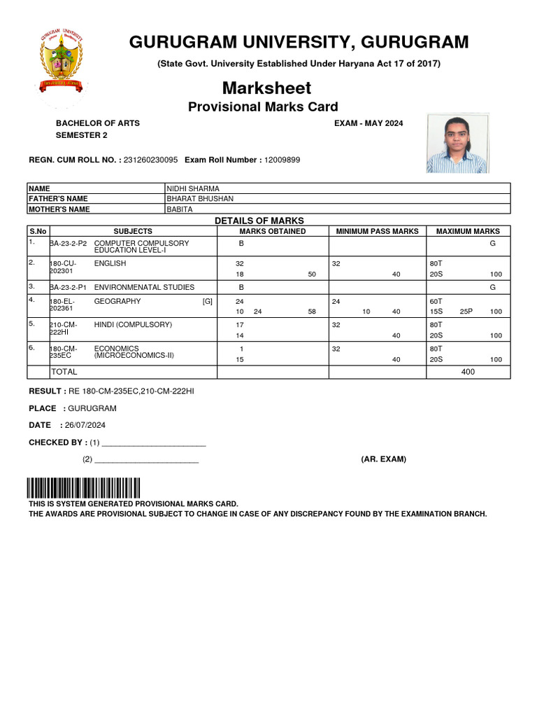 BA Semester 2 Provisional Marksheet | PDF