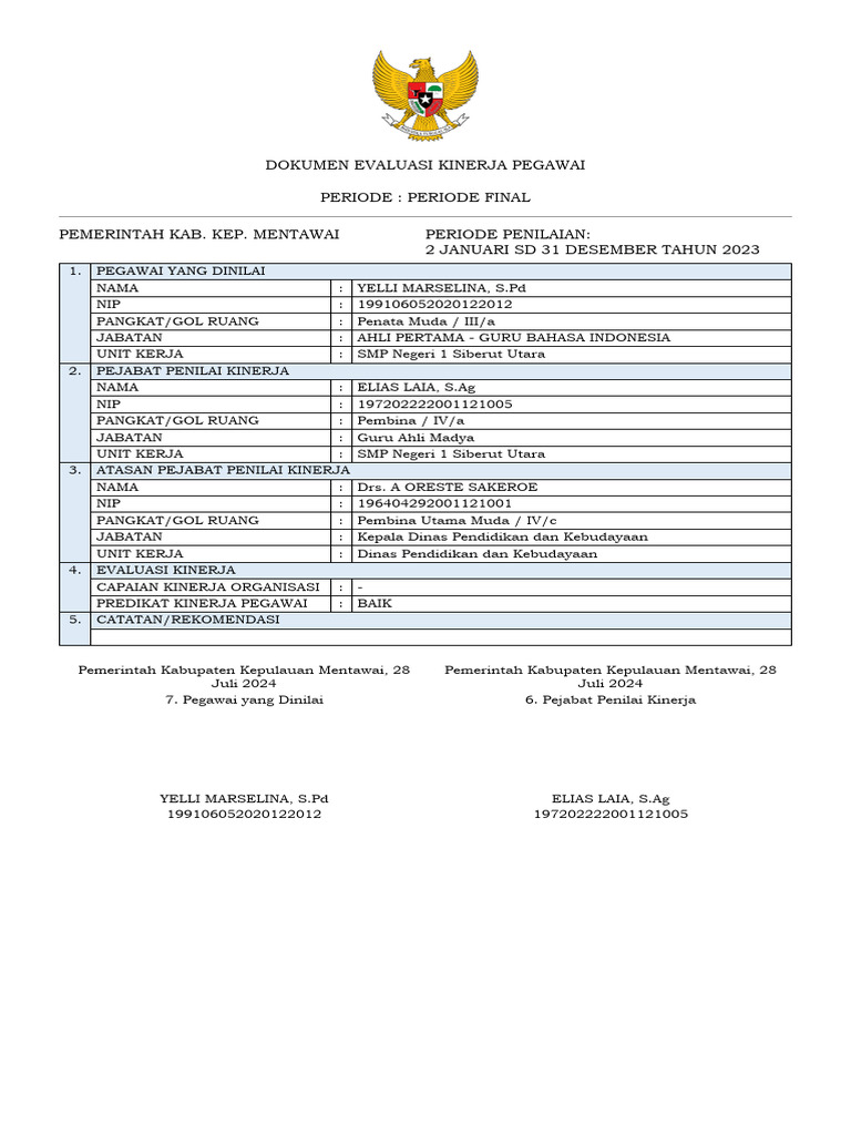 Evaluasi Kinerja Yelli Marselina 2023 | PDF | Karier & Perkembangan