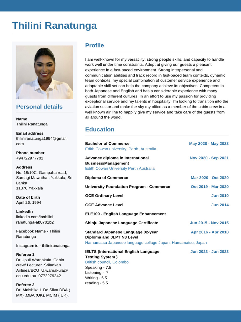 Thilini Ranatunga Cabin Crew CV NEW | PDF