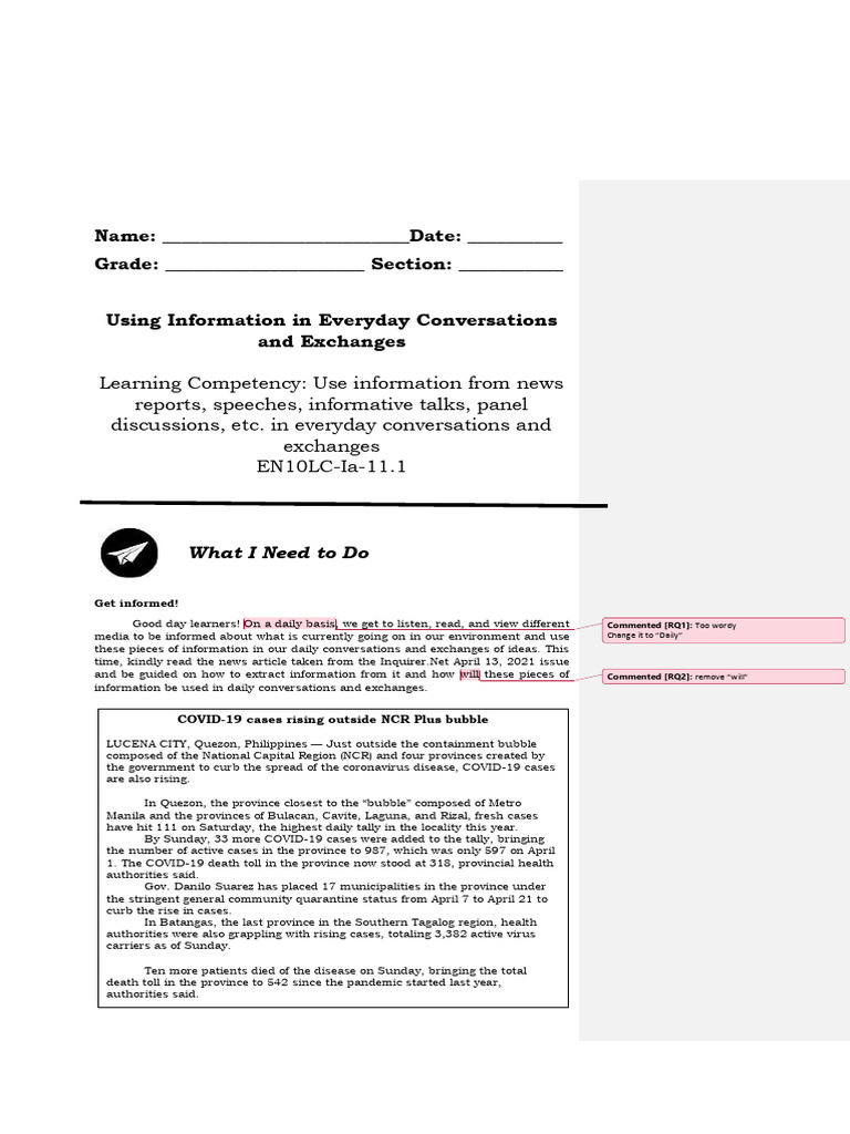 English 10-Quarter 1-Activity-Sheet | PDF | Metro Manila