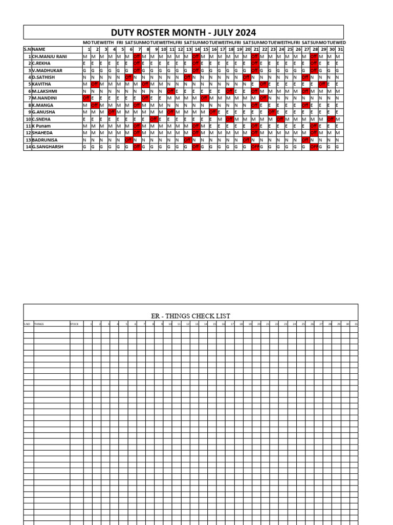July 2024 Duty Roster Schedule | PDF