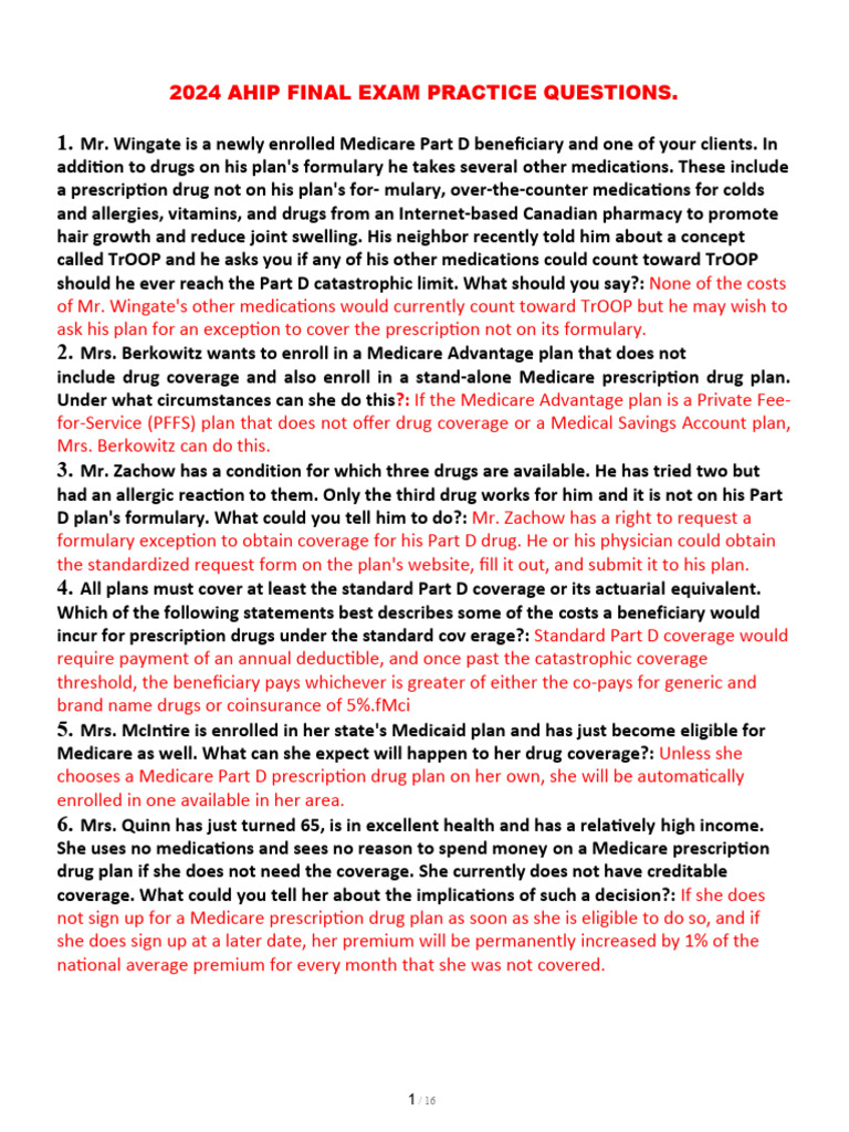 2024 AHIP Final Exam Practice Questions | PDF | Medicare Part D ...