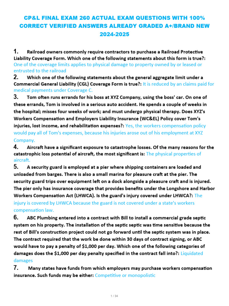 CP&L Final Exam 260 Actual Exam Questions With 100 Correct Verified ...