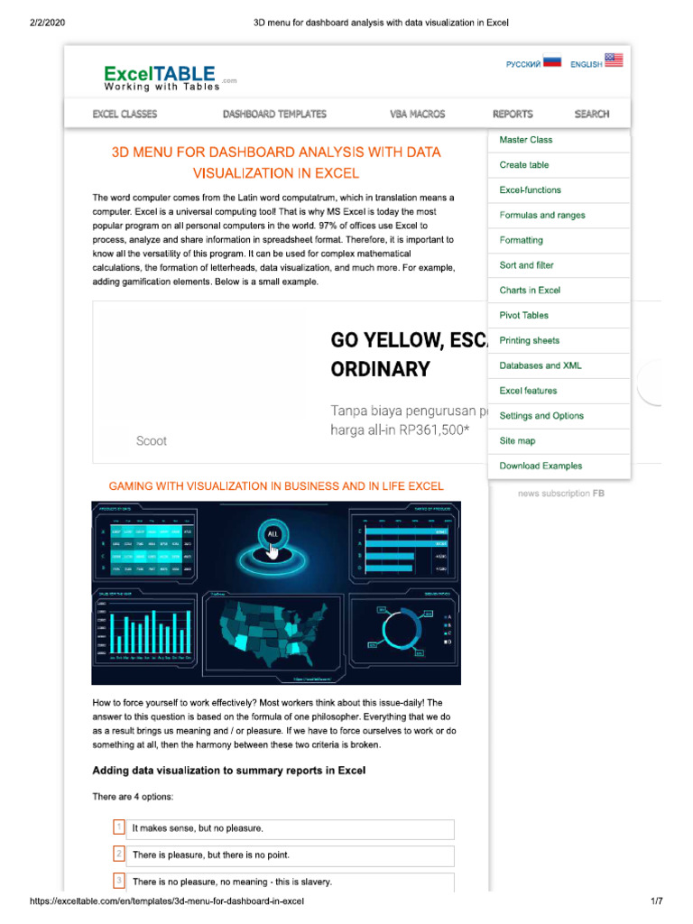 3D Menu For Dashboard Analysis With Data Visualization in Excel | PDF