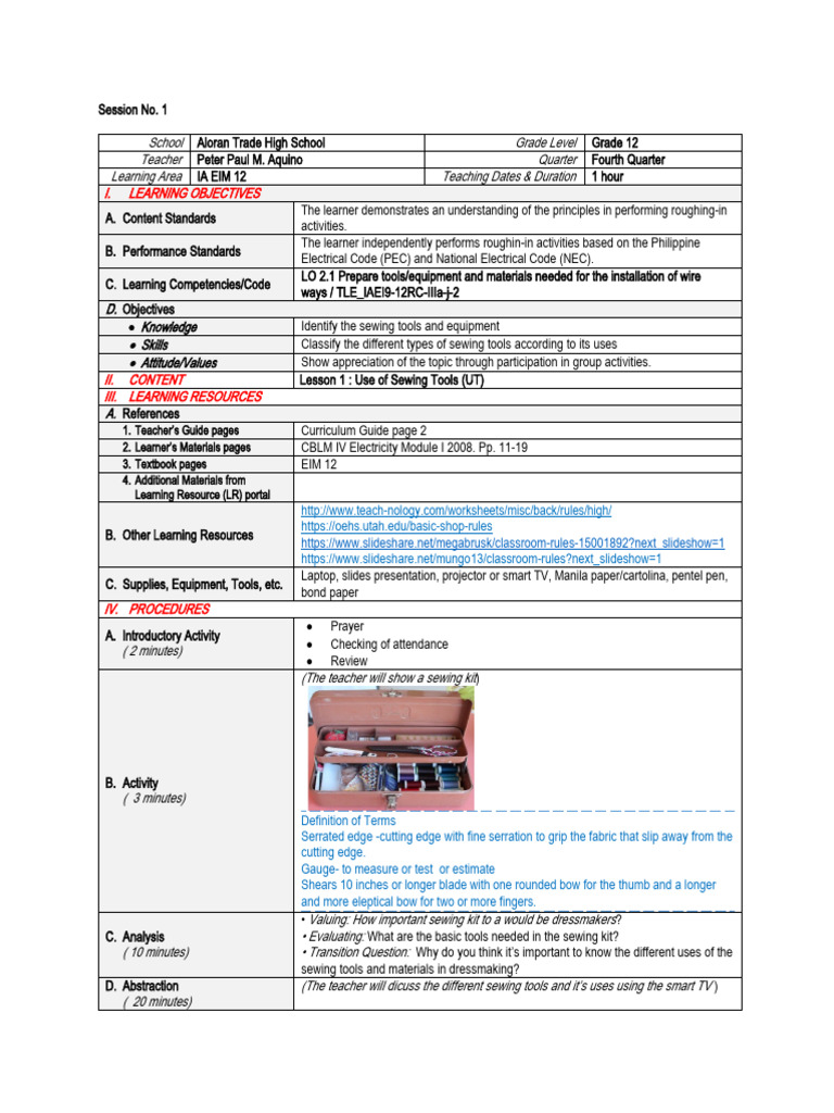 DLP Dressmaking 9 Lesson 1 | PDF | Sewing | Learning