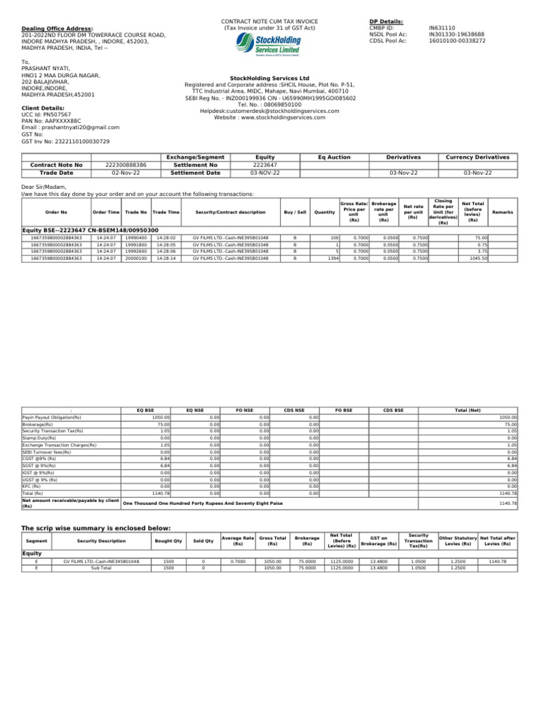 Contract Note Example for Equity Trading | PDF | Stocks | Securities ...