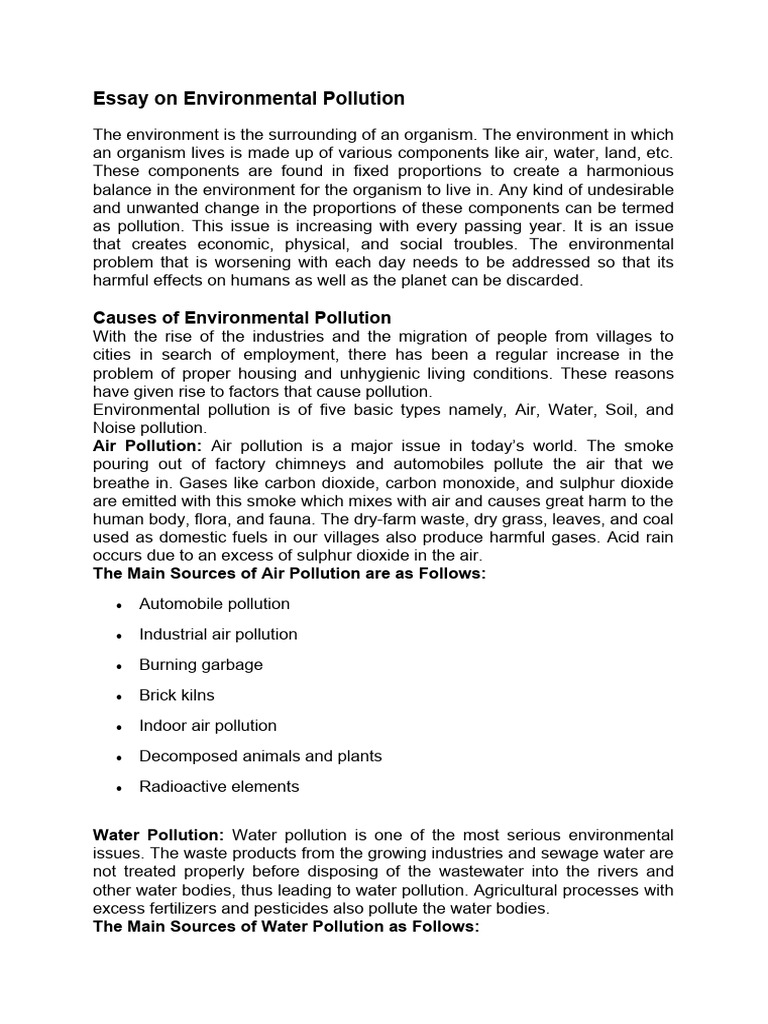 Essay On Environmental Pollution | PDF | Pollution | Water Pollution