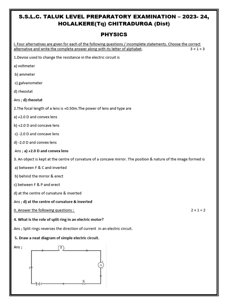 SSLC SCIENCE 2024 MOBEL QUETION PAPER Chitradurga | PDF | Electric Generator | Sky