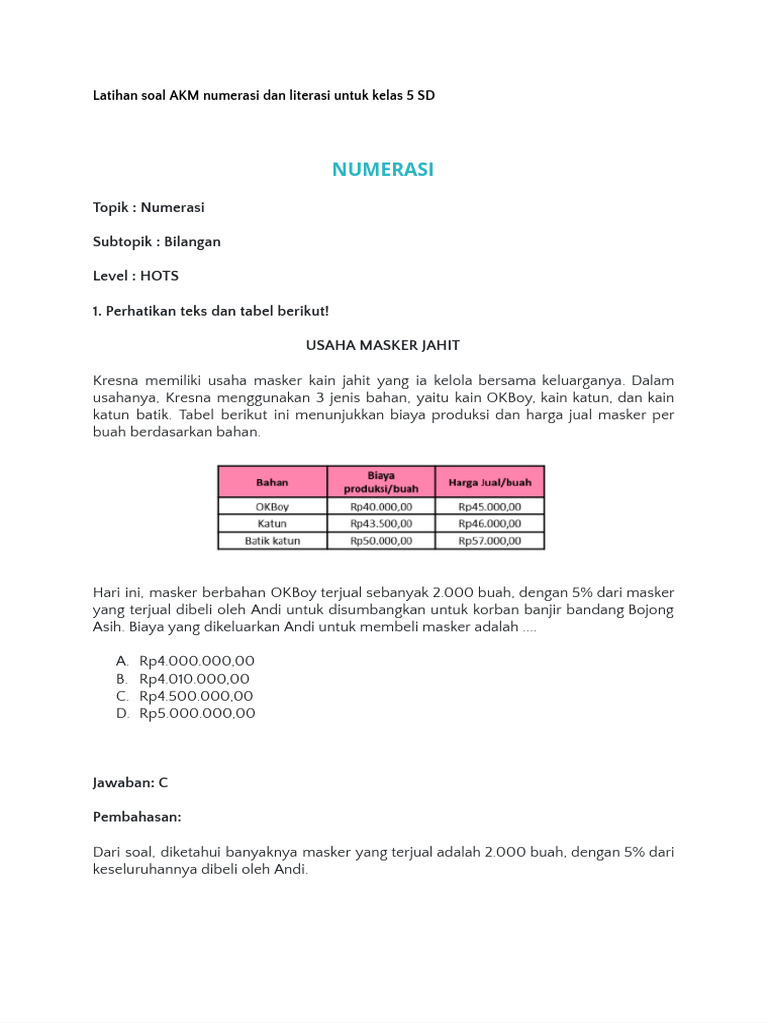 Latihan soal AKM numerasi dan literasi untuk kelas 5 SD.docx - Google Docs | PDF