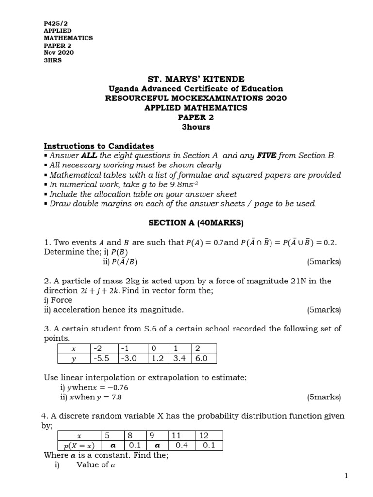 Math Pp2 S.6 | PDF | Force | Median