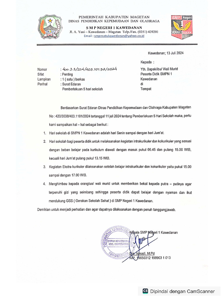 Edaran Pemberlakuan 5 Hari Sekolah | PDF