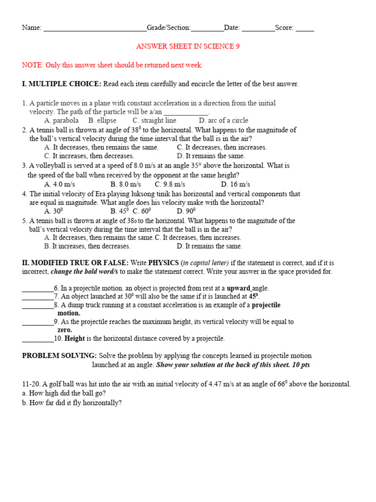 Answer Sheet For Projectile Motion | PDF | Velocity | Geometry