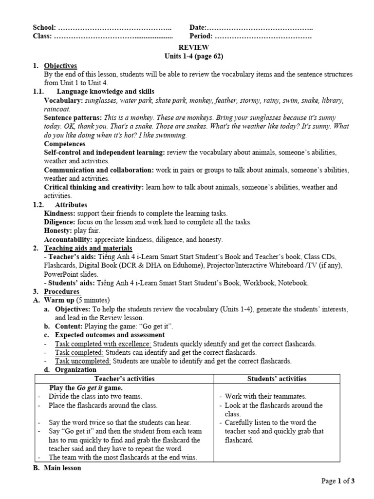Units 1-4 Vocabulary Review Lesson | PDF | Learning | Cognition