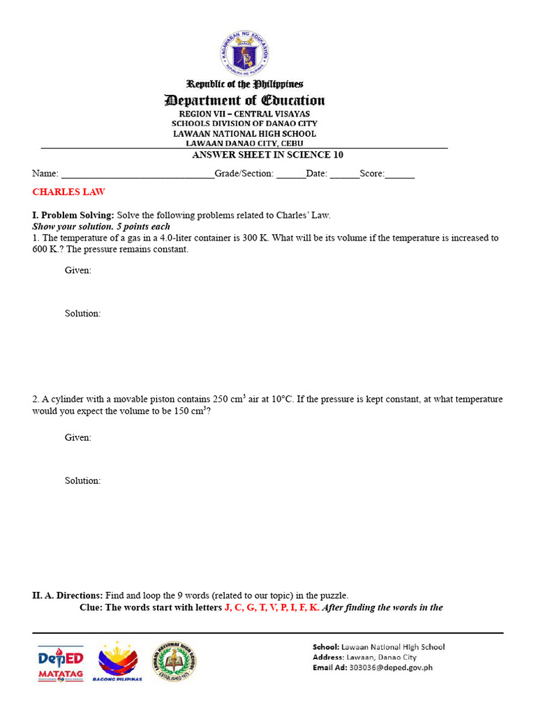 Charles Law Worksheet Answer Key | PDF | Gases | Applied And ...