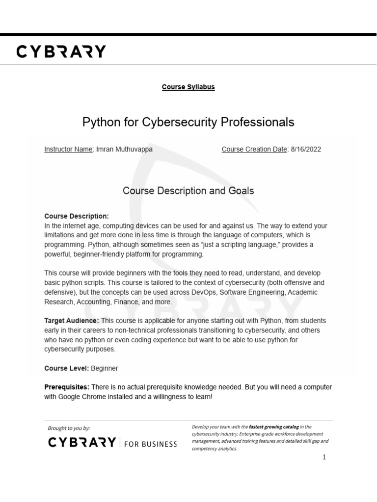 Python For Cybersecurity Professionals - Course Syllabus | PDF | Computer Security | Security