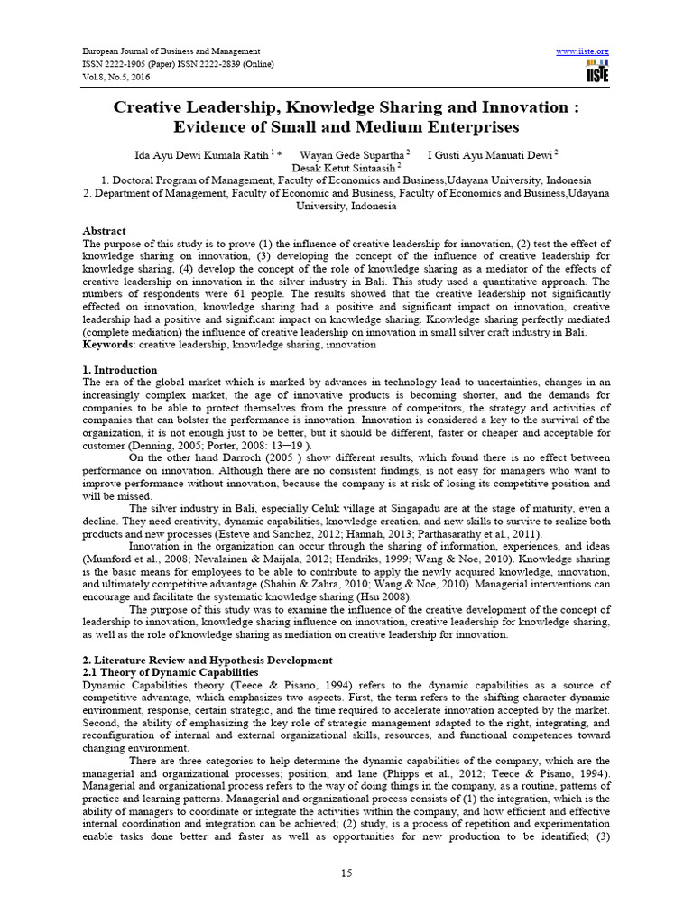 Creative Leadership, Knowledge Sharing and Innovation: Evidence of Small and Medium Enterprises ...